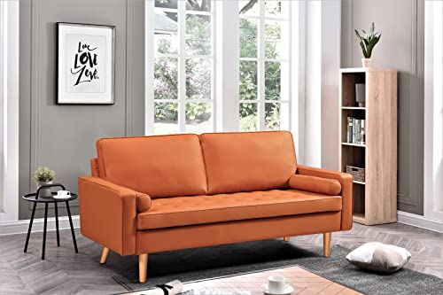 Container Furniture Direct 2-Piece Set Faux Leather Sofa for The Modern Living Room with Removable Cushions and Solid Wood Legs, Luxury Style Button-Tufted Loveseat and Couch, Red Orange