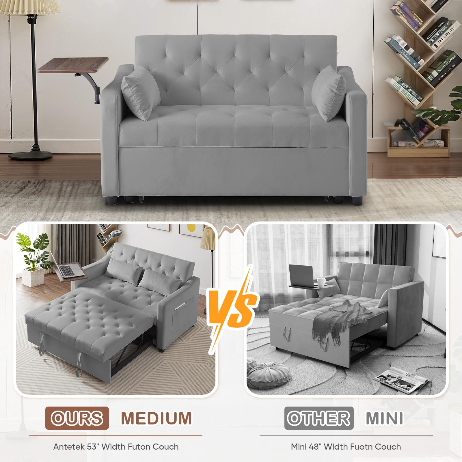 Antetek 3 in 1 Convertible Sofa Bed w/360° Rotating Side Table, 53" Modern Velvet Loveseat Sofa, Sleeper Pullout Bed w/Adjustable Backrest for Living Room Apartment, Office, Small Space, Grey