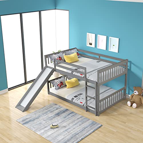 HomSof Solid Wood Full Over Full bunkbed with Slide,Full-Length Safety Guardrails,No Box Spring Needed,Grey