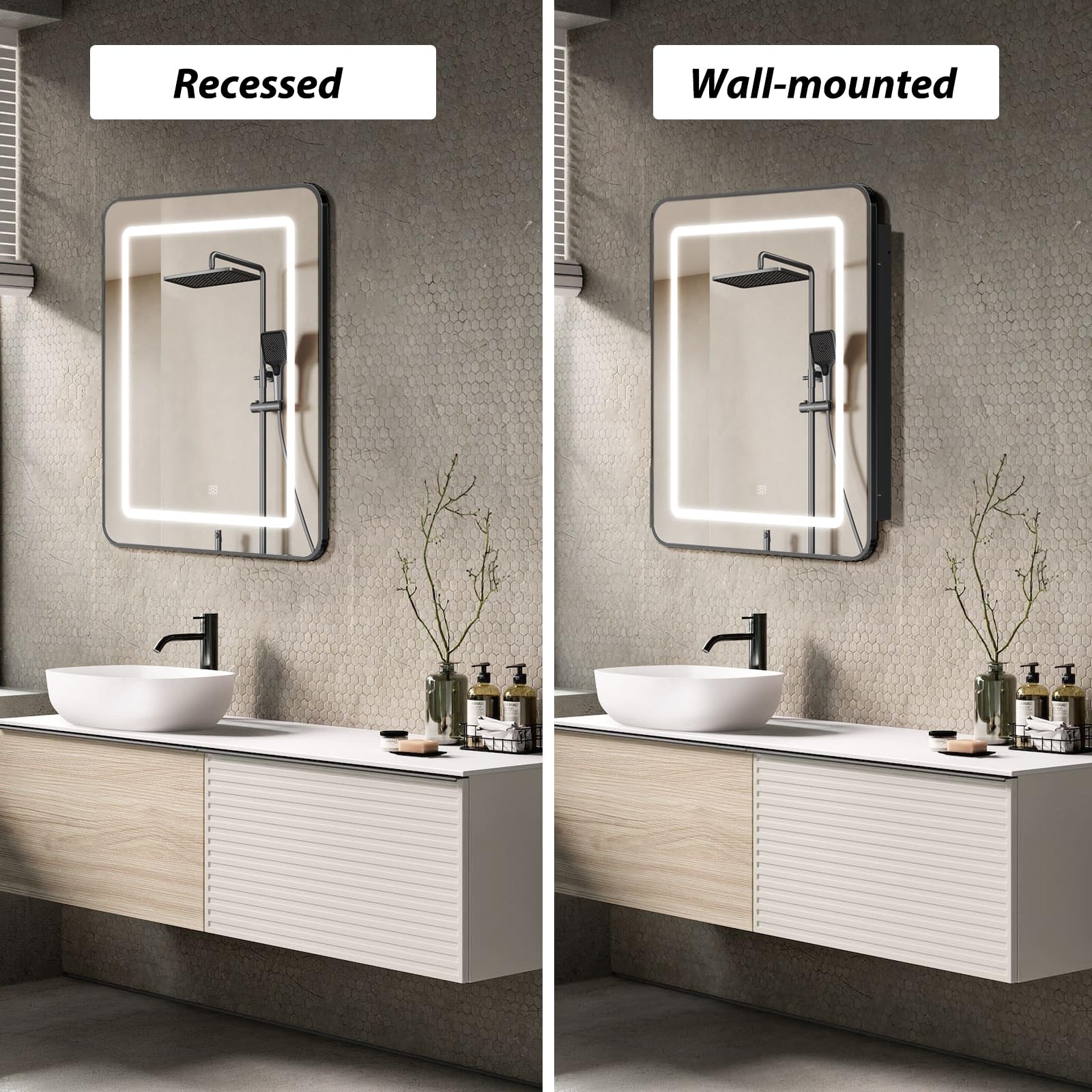 APRILSOUL 16X24 Inch Black Bathroom Medicine Cabinet with Mirror, Recessed or Surface Lighted Medicine Cabinet with 3 Colors Temperature, Dimmable Light