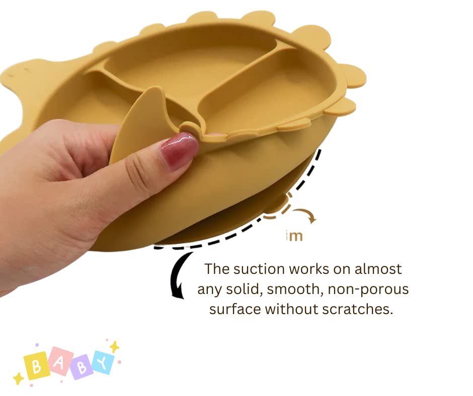 Baby feeding, Silicone dinosaur shaped plate with suction and sections, self-training without BPA, baby feeding bowls. Blue color