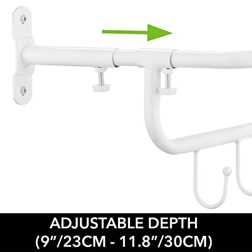 mDesign Metal Wall Mount Equipment Storage Rack and Organizer for Garage Organization; 10 Heavy Duty Accessory Hooks, Overhead Storage Space; Holds Sports Equipment; Garden and Lawn Tools - White