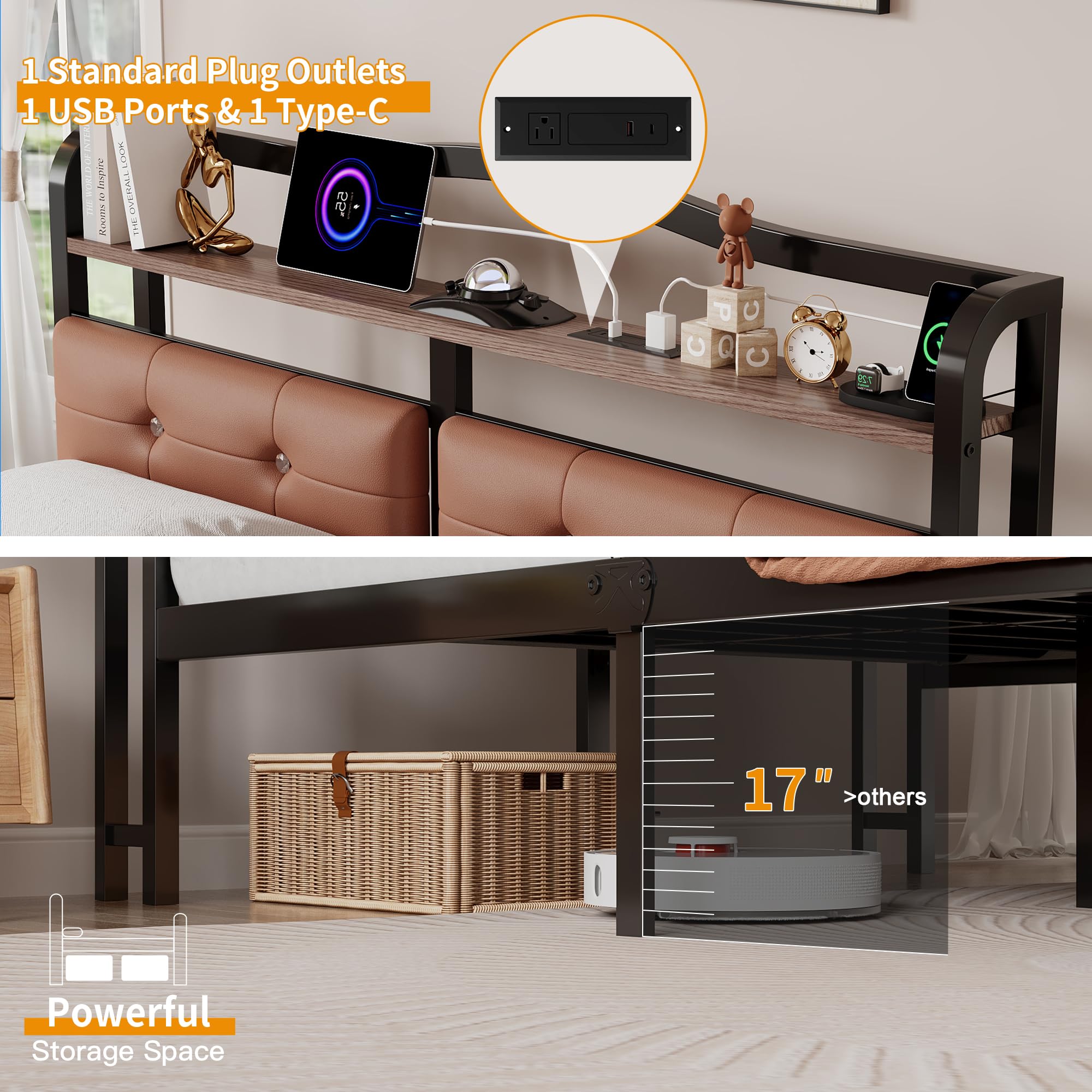 OSASET King Size Bed Frame - King Bed Frame with Headboard and Galaxy Projection Lights, 18 in Heavy Duty Metal Bed Frame No Box Spring Needed with USB Charging Station- Easy Assembly and Noise Free