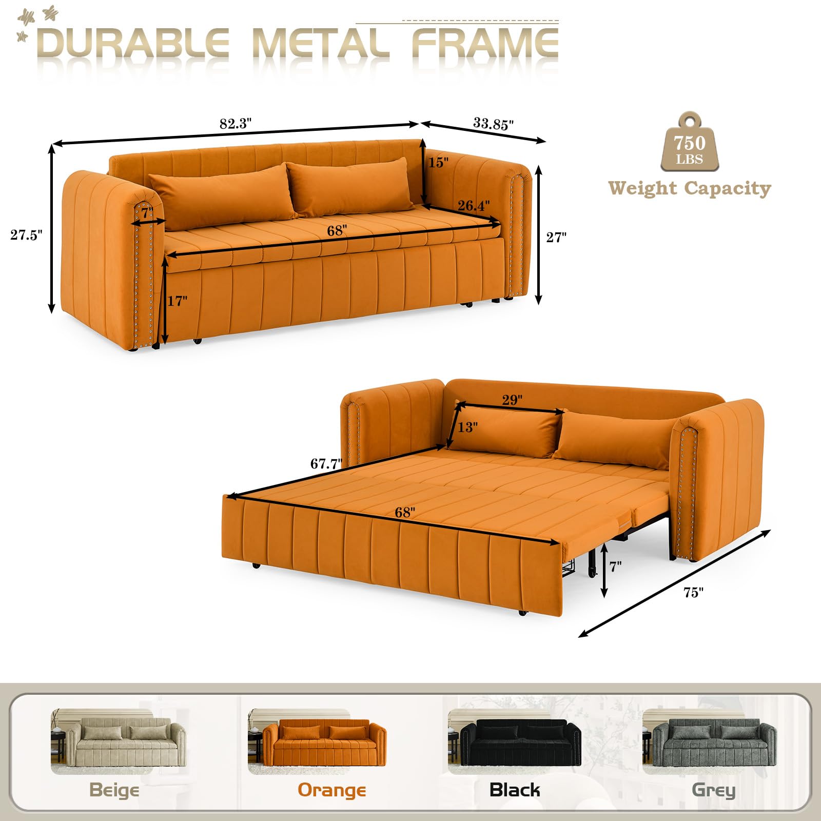 Antetek Oversized Sleeper Sofa w/Pullout Bed, 82-inch Modern Velvet Fabric Deep 3-Seat Couch with Metal Frame, 2 Toss Pillows, Comfy Upholstered Furniture for Living Room, Orange