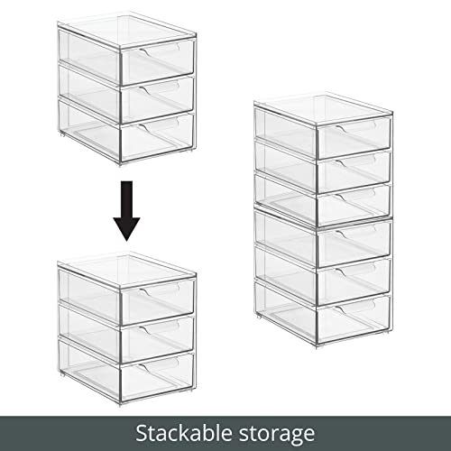mDesign Plastic Stackable Organizer with 3 Drawers - Pull-Out Drawer Storage Bin for Bathroom Sink/Cabinet Organization - Perfect for Makeup, Small Towels, and More - Lumiere Collection, 4 Pack, Clear