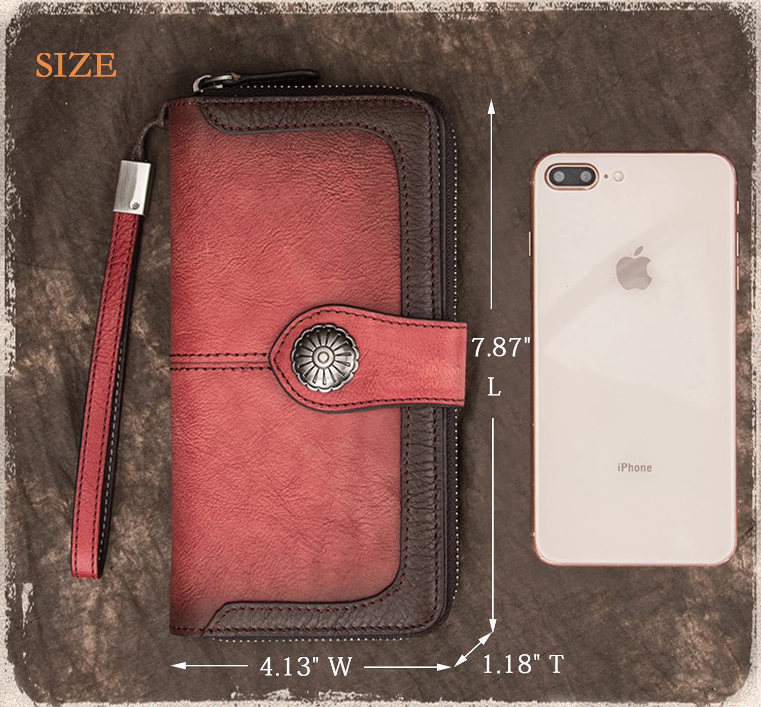 LETEULO Women's Leather Wallet Vintage Clutch Wallets Card Organizer Purse with Clutch Strap (Red)