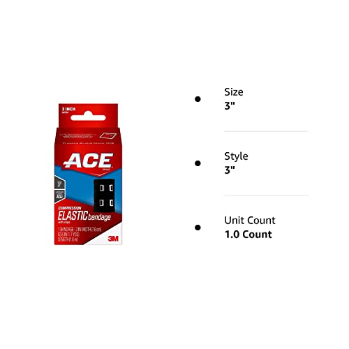 ACE 3 Inch Elastic Bandage with with Clips, Black, Great for Elbow, Ankle, Knee and More, 1 Count