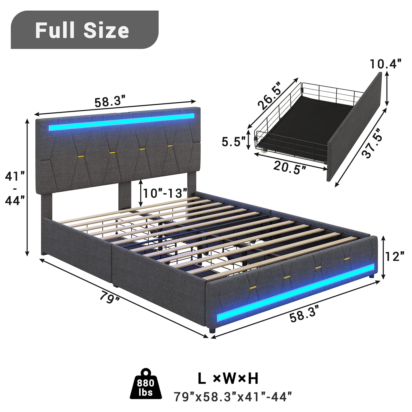 ADORNEVE Full Size Bed Frame with 4 Drawers, LED Bed Frame Full with 2 USB Charging Station, Upholstered Platform Bed with Adjustable Headboard and LED Lights, No Box Spring Needed, Dark Grey