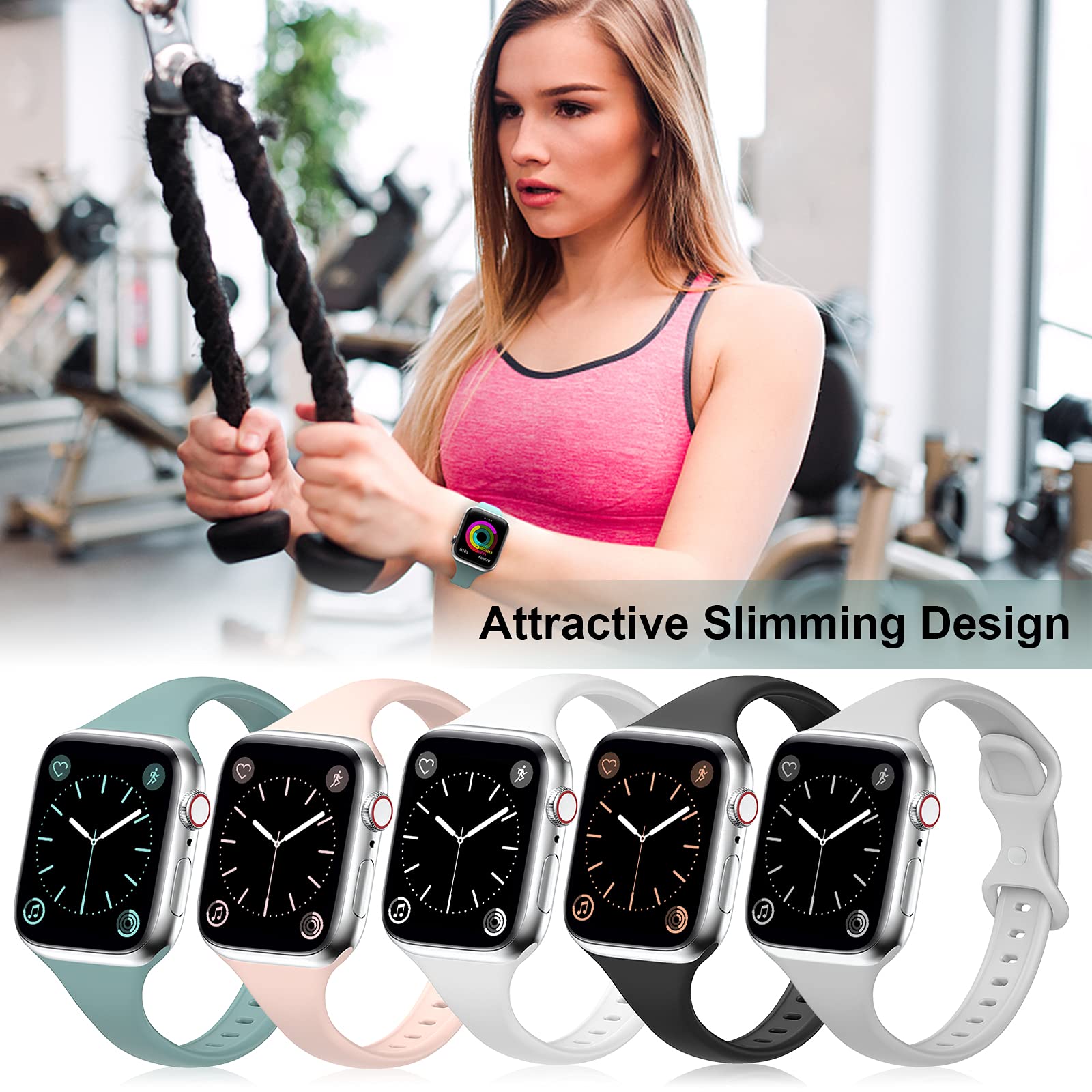 5 PACK Slim Band Compatible with Apple Watch Band 38mm 40mm 41mm 42mm 44mm 45mm for Women Men, Thin Narrow Soft Silicone Replacement Strap Band for iwatch SESeries 7654321