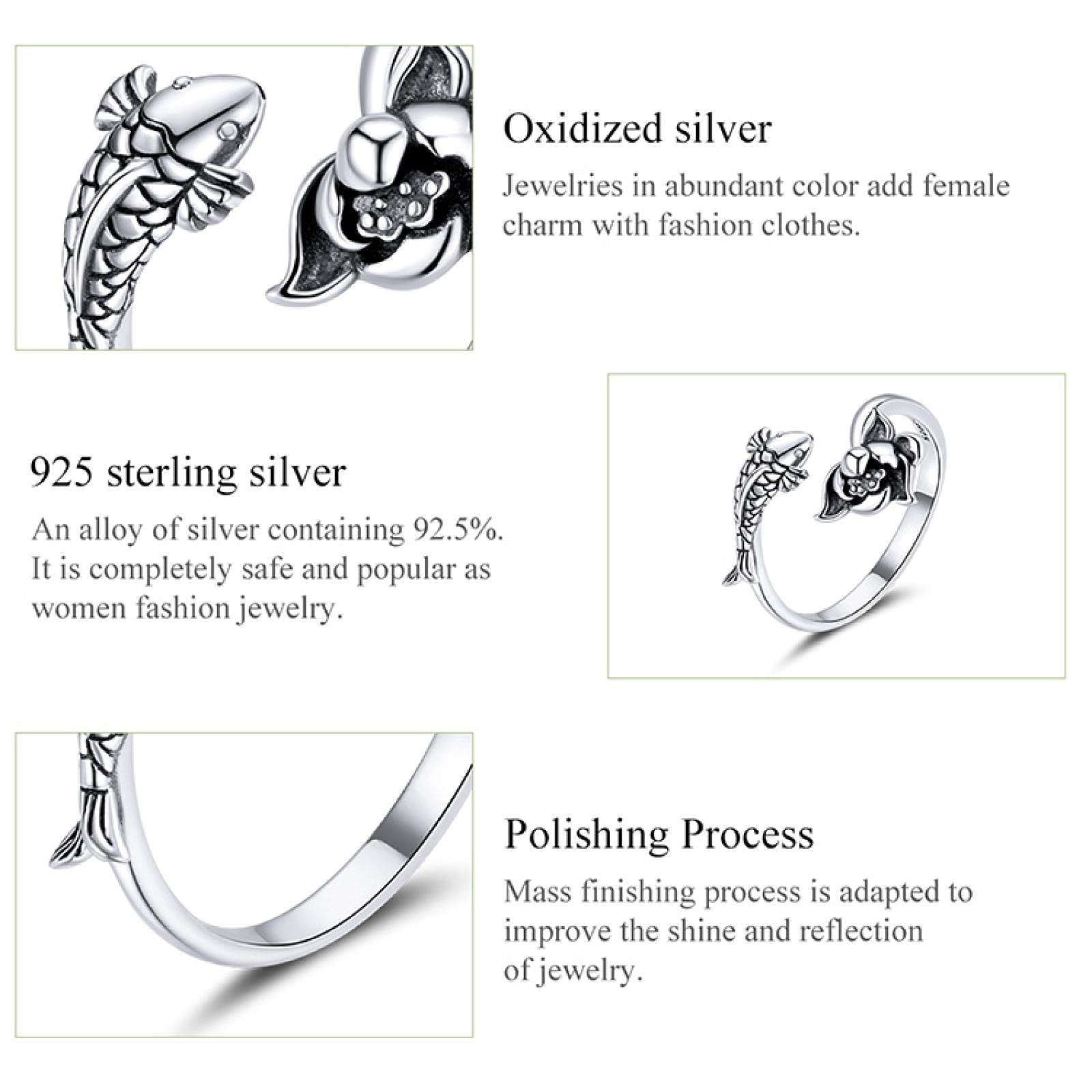 925 Sterling Silver, Natural Koi Lotus Open Ring, Women'S Adjustable Jewelry