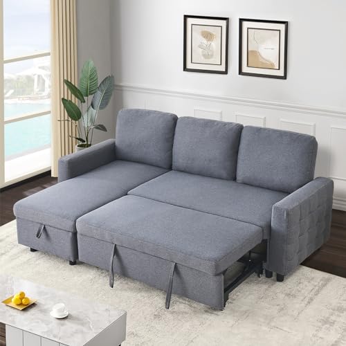 Antetek Reversible Sectional Sofa Couch with Pull-Out Bed, Modern Linen L-Shaped Sleeper Sofa Bed with Storage Chaise, Furniture Set for Living Room, Small Space, Office, Dark Grey