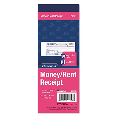 Adams Money/Rent Receipt Book, Carbonless, 3-Part, 2-3/4 x 7-3/16 Inches, 50 Sets per Book (TC2701)