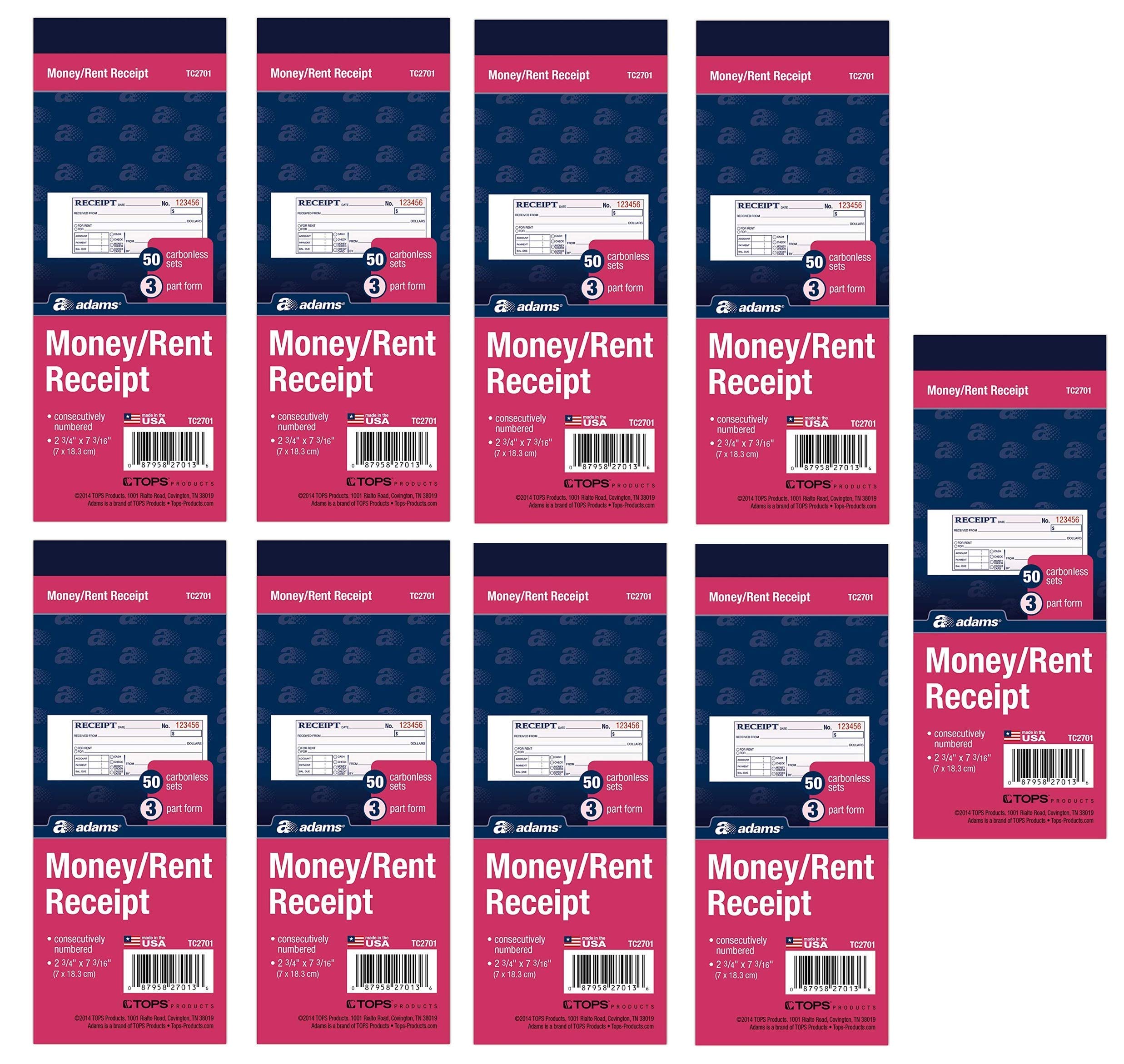 Adams Money/Rent Receipt Book, Carbonless, 3-Part, 2-3/4 x 7-3/16 Inches, 50 Sets per Book (TC2701) (9)