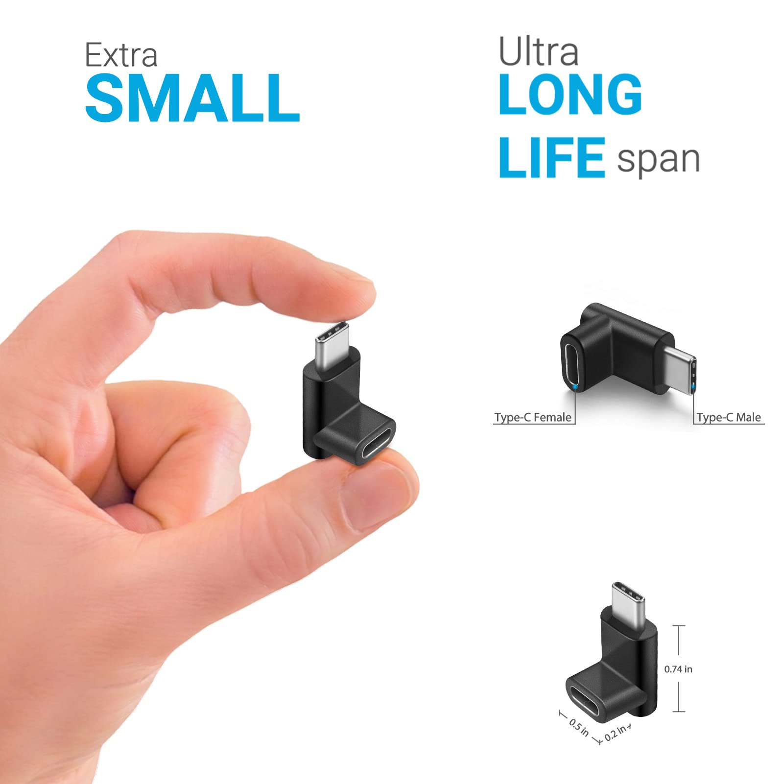 URWOOW Right Angle Type C USB 3.1 Adapter Extension 90 Degree Male to Female Right & Left Angled Extension (2 Pack)