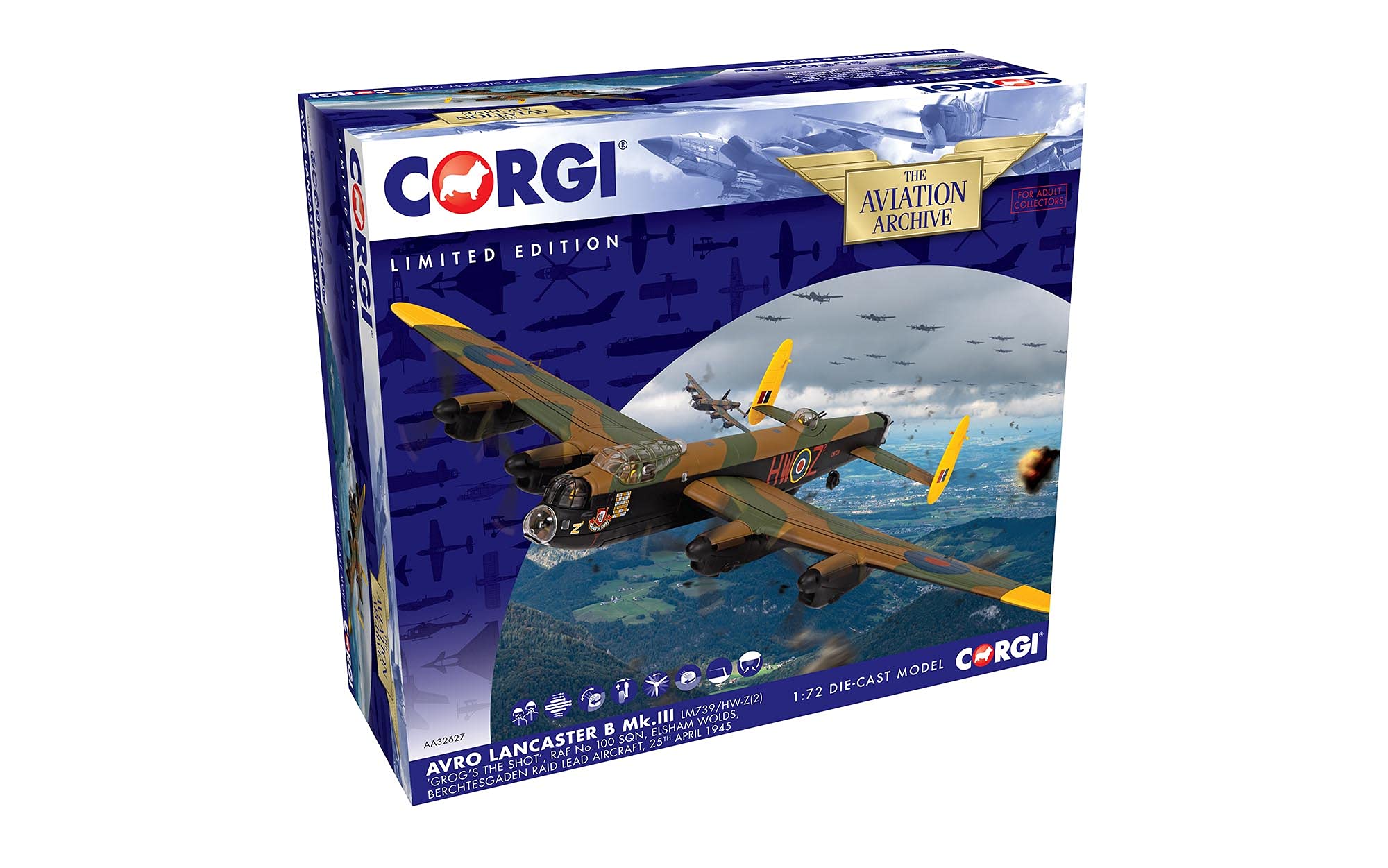 Corgi Diecast Avro Lancaster B MK III Grogs The Shot 1:72 WWII Military Aircraft Display Model AA32627, Green & Brown