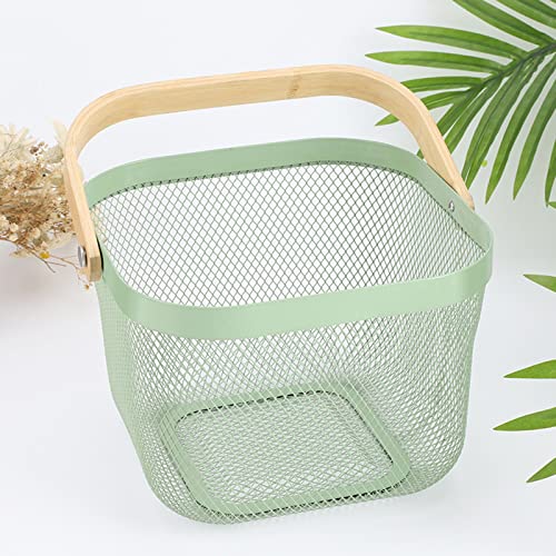HOJKMA Mesh Steel Storage Organizer Basket, Multi-Functional Metal Wire Hanging Kitchen Baskets Fruit Basket with Bamboo Handle Ideal for Kitchen, Bathroom, Pantry, Cabinet Home, Shopping, Green