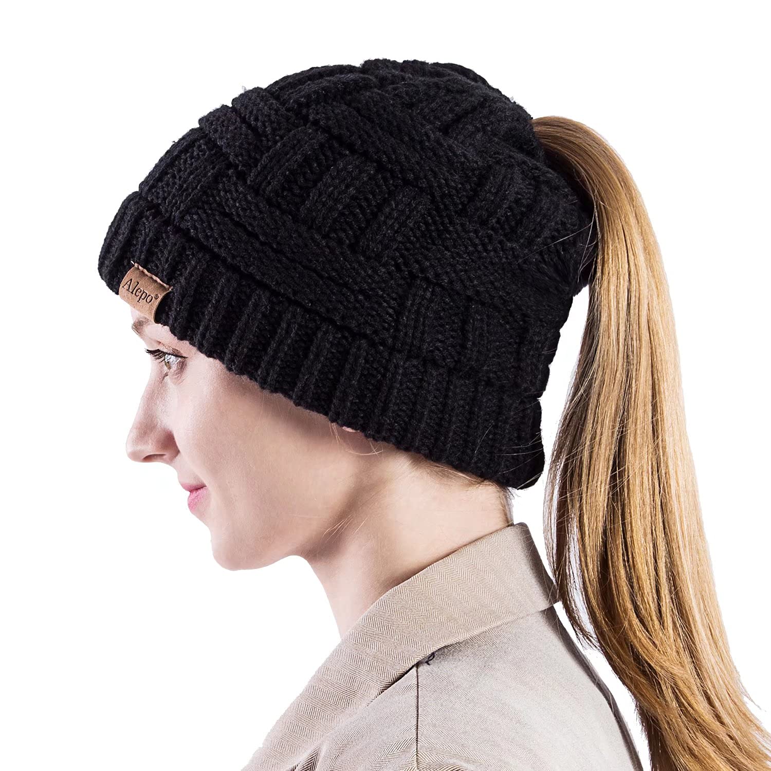 Alepo Womens High Messy Bun Beanie Hat with Ponytail Hole, Winter Warm Trendy Knit Ski Skull Cap (Mix Black&White)