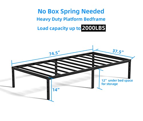 Meberam 14 Inch Twin Size Metal Platform Bed Frame Heavy Duty Mattress Foundation Support No Box Spring Need, Black
