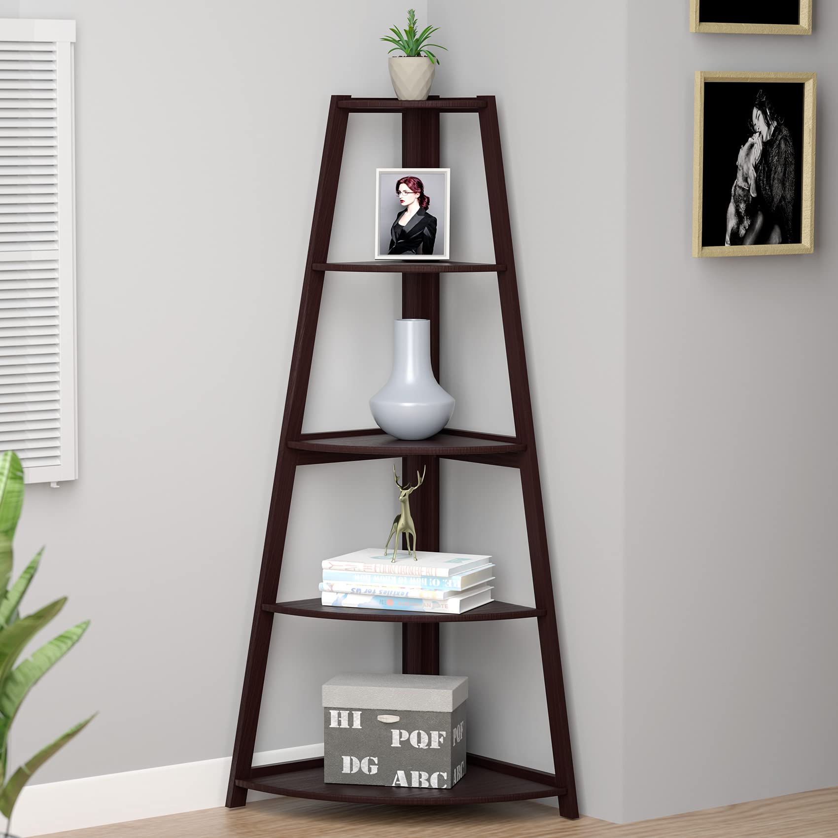 Corner Shelf, TopMade 5-Tier Corner Shelf Stand Industrial Ladder Bookcase Small Storage Rack Bookshelf Float Corner Shelves Wood Furniture Plant Stand for Living Room Kitchen Home Office-Rustic Brown
