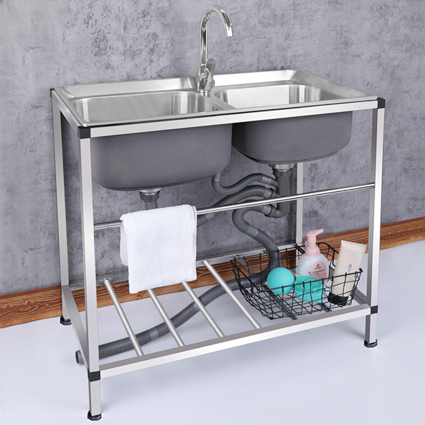 ADASTE Camping Sink 2 Compartment Free Standing Utility Sink Commercial Sink Double Bowl, for Restaurant, Kitchen, Hotel, Bar, Garage, Outdoor