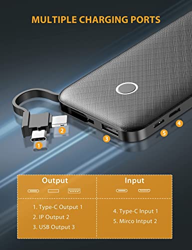 Portable Phone Charger Power Bank 10000mAh, Alongza Portable Charger Built in Cable USB Battery Pack, Slim External Backup Battery Charger with Cable, Travel Charger Compatible with iPhone and Android