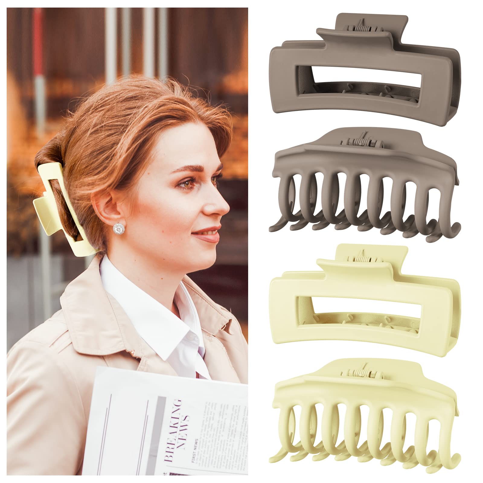 Amazer Hair Clips, Claw Clips for Thick Hair, Big Women Long 4 Pack Neutral Matte and Extra 2 Scrunchies Suitable All Hairstyle