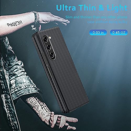 for Samsung Galaxy Z Fold 5 Carbon Fiber Case 7.6" 5G, Slim and Thin Aramid Protective Cover 0.03in 0.4oz, Lightweight, Anti-Scratch Protector, Supports Wireless Charging, Black