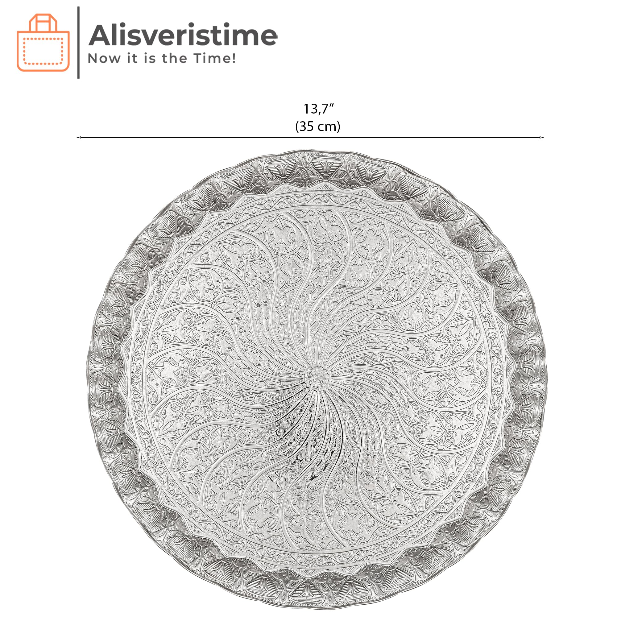 Alisveristime Turkish Ottoman Coffee Tea Serving Tray β 11.8 Inches, Wavy Zamac Tray with Traditional Motifs, Available in Five Color Variations (Silver)