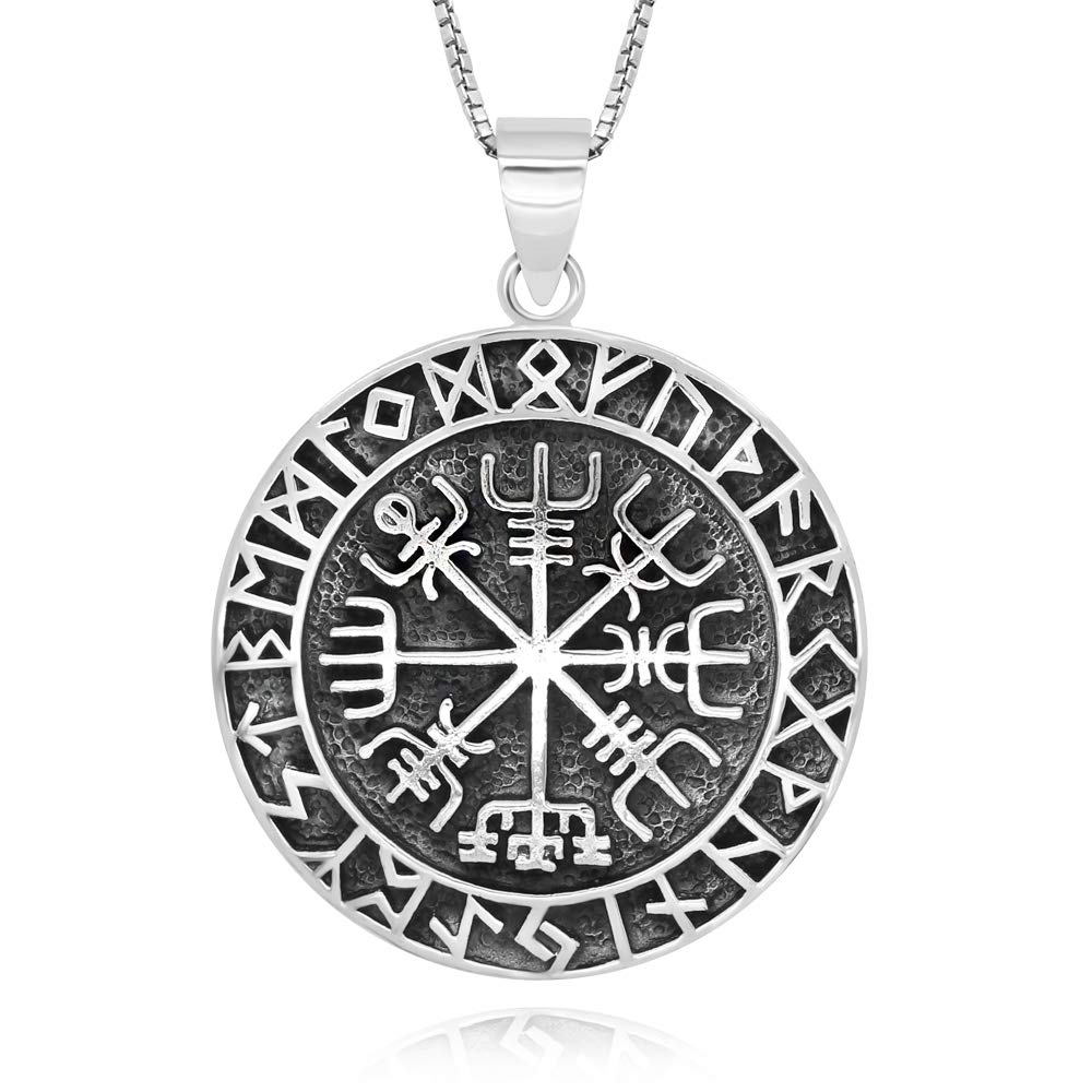 925 Sterling Silver Vegvisir Norse Runes Viking Compass Pendant Necklace, 18"