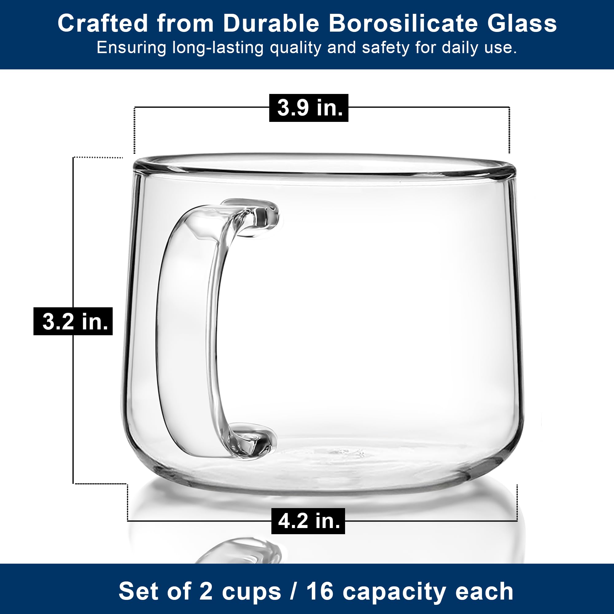 Aquach 16 oz Glass Coffee Mugs with Handle Set of 2 - Large Clear Glass Cups for Latte, Cappuccino, and Tea