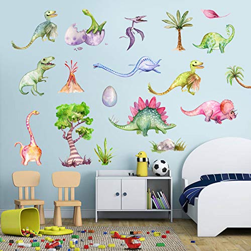Kiddale Watercolour Dinosaur Wall Decals, Peel and Stick Colorful Wall Art Mural for Kids Bedroom,Nursery, Classroom & More