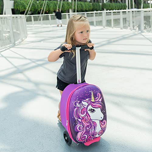 KIDDIETOTES 3-D Hardshell Ride On Suitcase Scooter for Kids - Cute Lightweight Kids Luggage with Wheels - Fun LED Lights