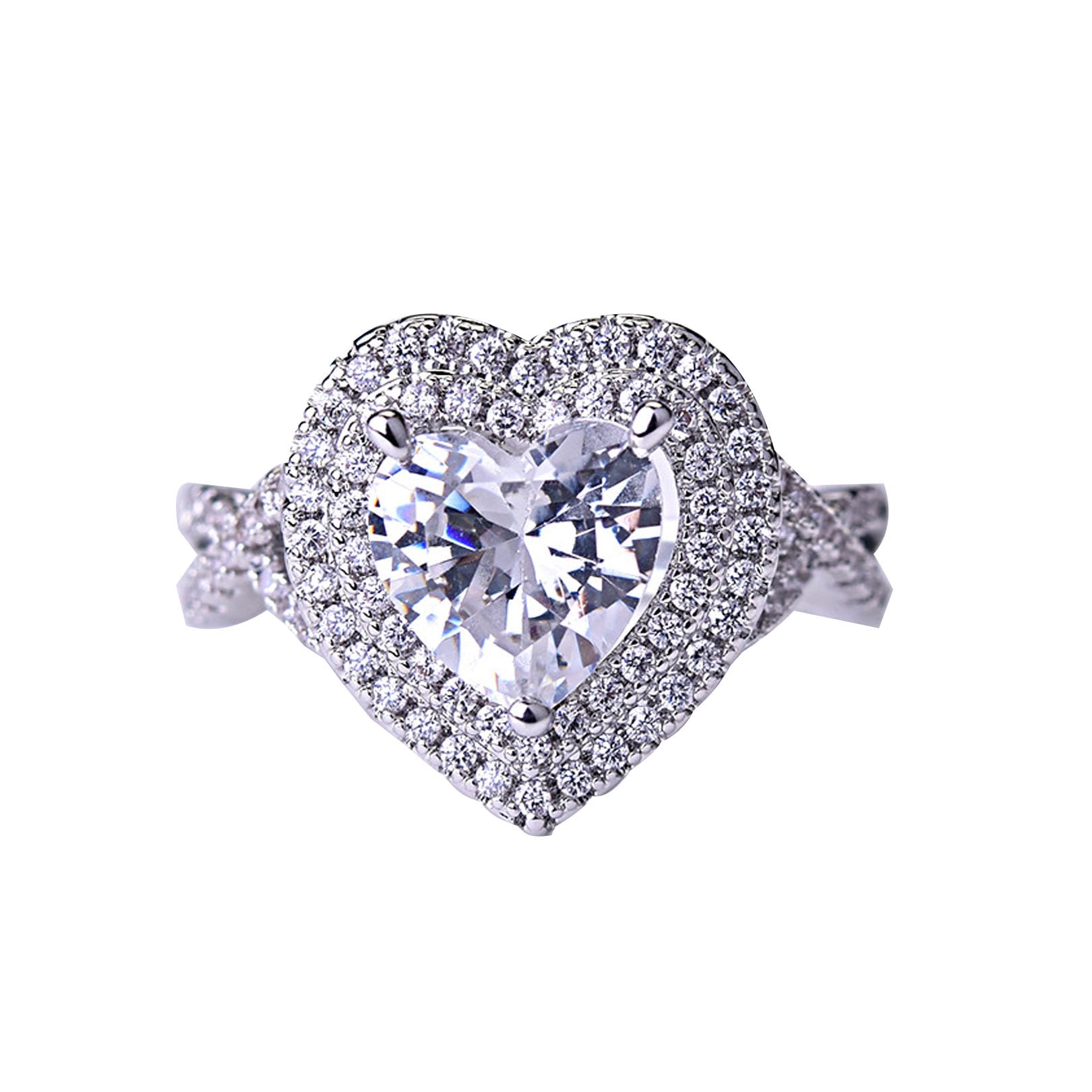 925 Sterling Silver Micro Inlaid Multi layered Cute Heart CZ Wedding or Engagement Diamond Ring for Women (10)