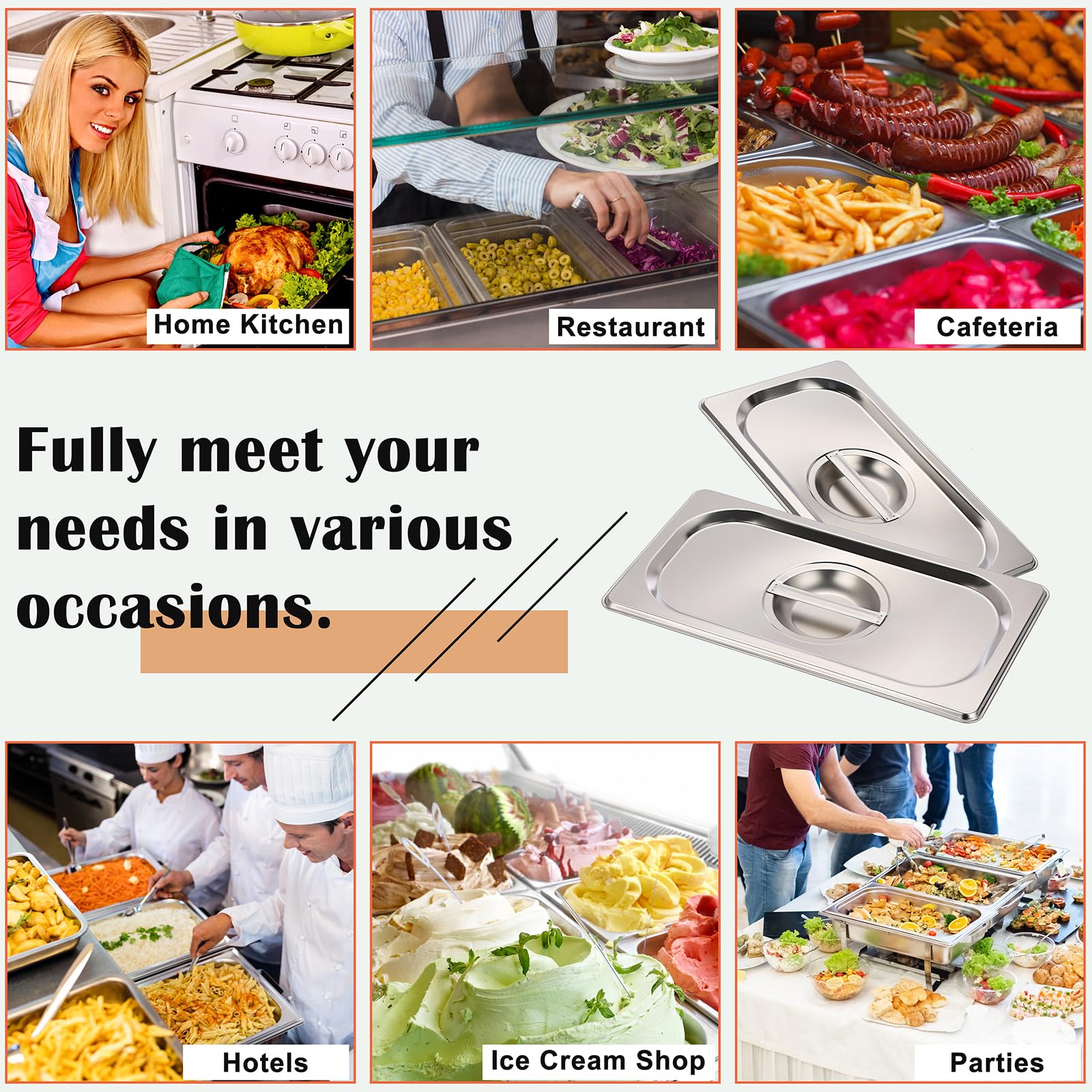 BSTKEY 10 Pack 1/3 Steam Table Pan Covers Stainless Steel Hotel Pan Lid with Handle, Catering Food Pan Cover,Hotel Pan Cover