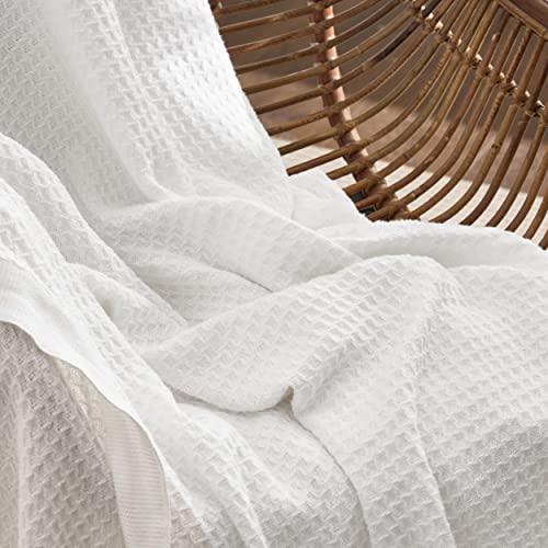 Bedsure 100% Cotton Throw Blankets for Couch - 405GSM Waffle Weave Blankets for All Seasons, Cozy and Soft Woven Blankets, Lightweight Fall Throw Blankets, White, 50x70 inches