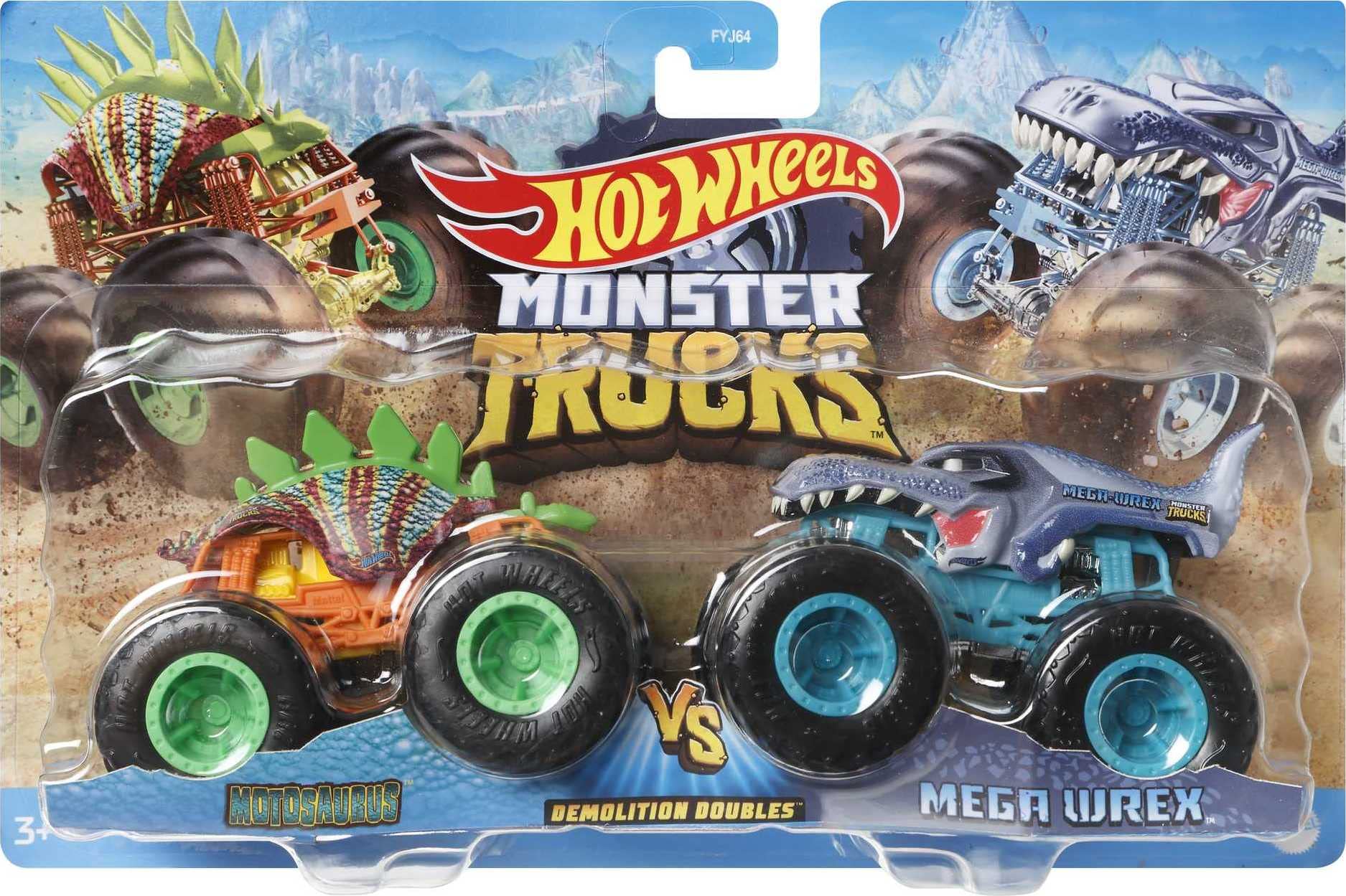 Hot Wheels Monster Trucks 1:64 Scale Dino 2-Pack, Set with Motosaurus & Mega-Wrex, Toy for Kids & Collectors