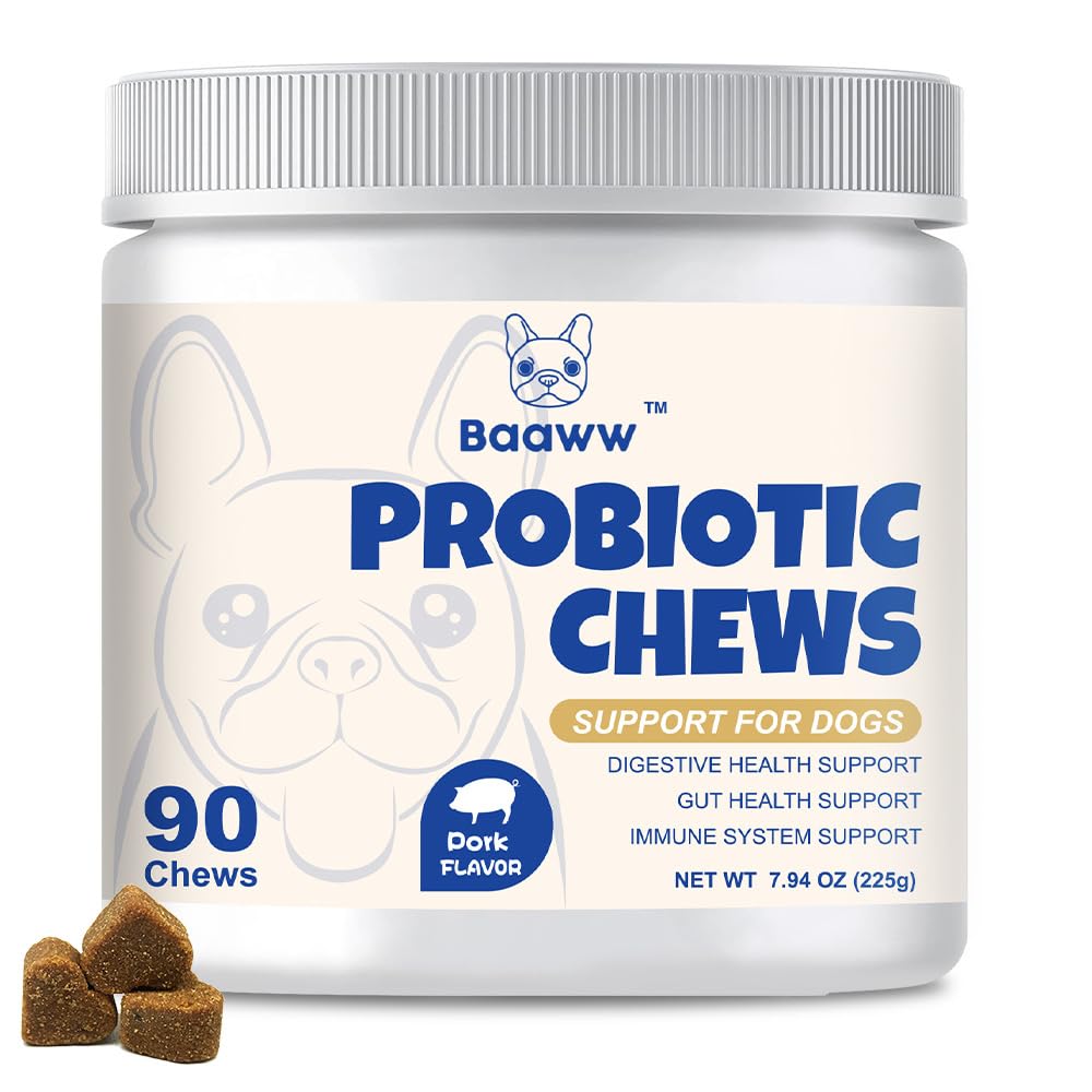 Baaww Probiotics for Dogs, Support Gut Health, Diarrhea, Seasonal Allergies, Paw Licking, Digestive Health Enzymes, 90 Pork Chews Allergy & Immune Supplement for Dogs Anal Gland Soft Chew Treats