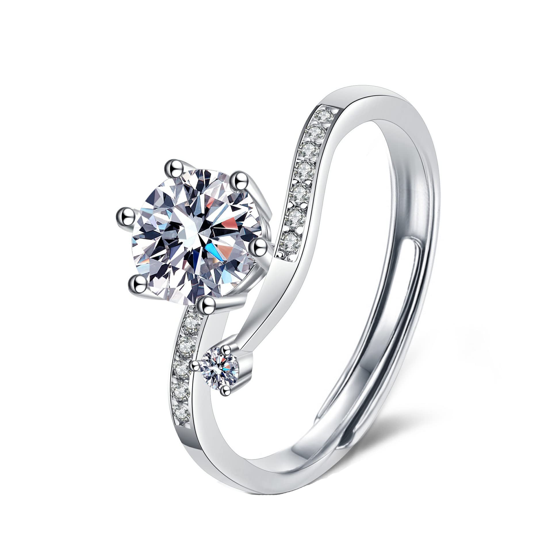 925 Sterling Silver Rings for Women, 1ct Moissanite Rhinestones Open Adjustable Engagement Ring, Rings with GRA Certificate (1 Carat)
