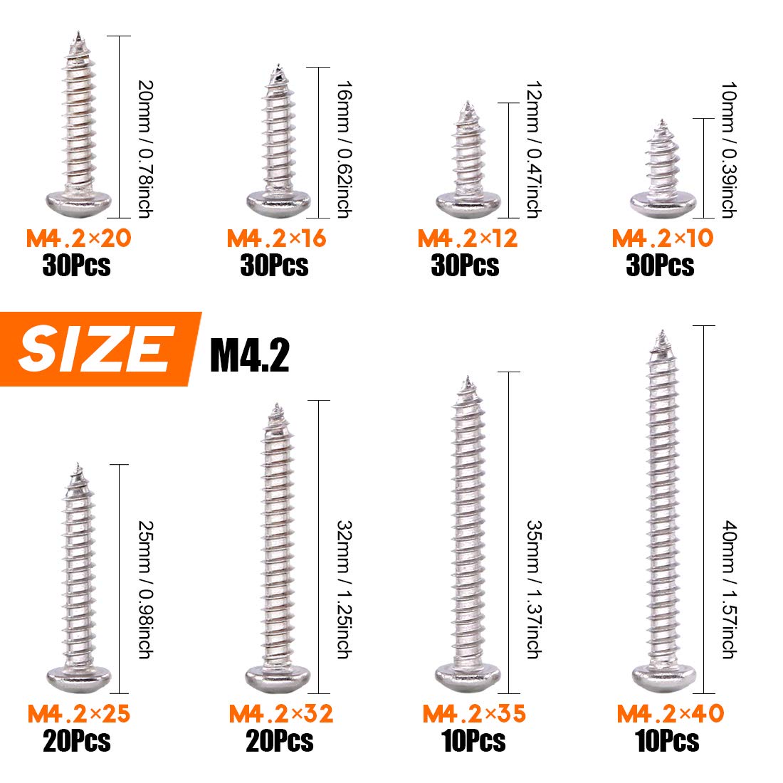 Rustark 180-Pcs [#8 3/8" to 1-1/2"] 304 Stainless Steel Round Pan Head Phillips Cross Wood Screws Self Tapping Drilling Screws Assortment Kit