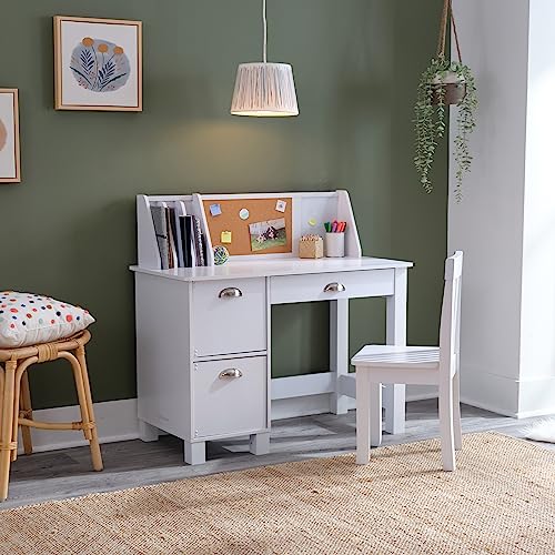 KidKraft Wooden Study Desk for Children with Chair, Bulletin Board and Cabinets, White, Gift for Ages 5-10, 35.7 x18.3 x 34.4 inches