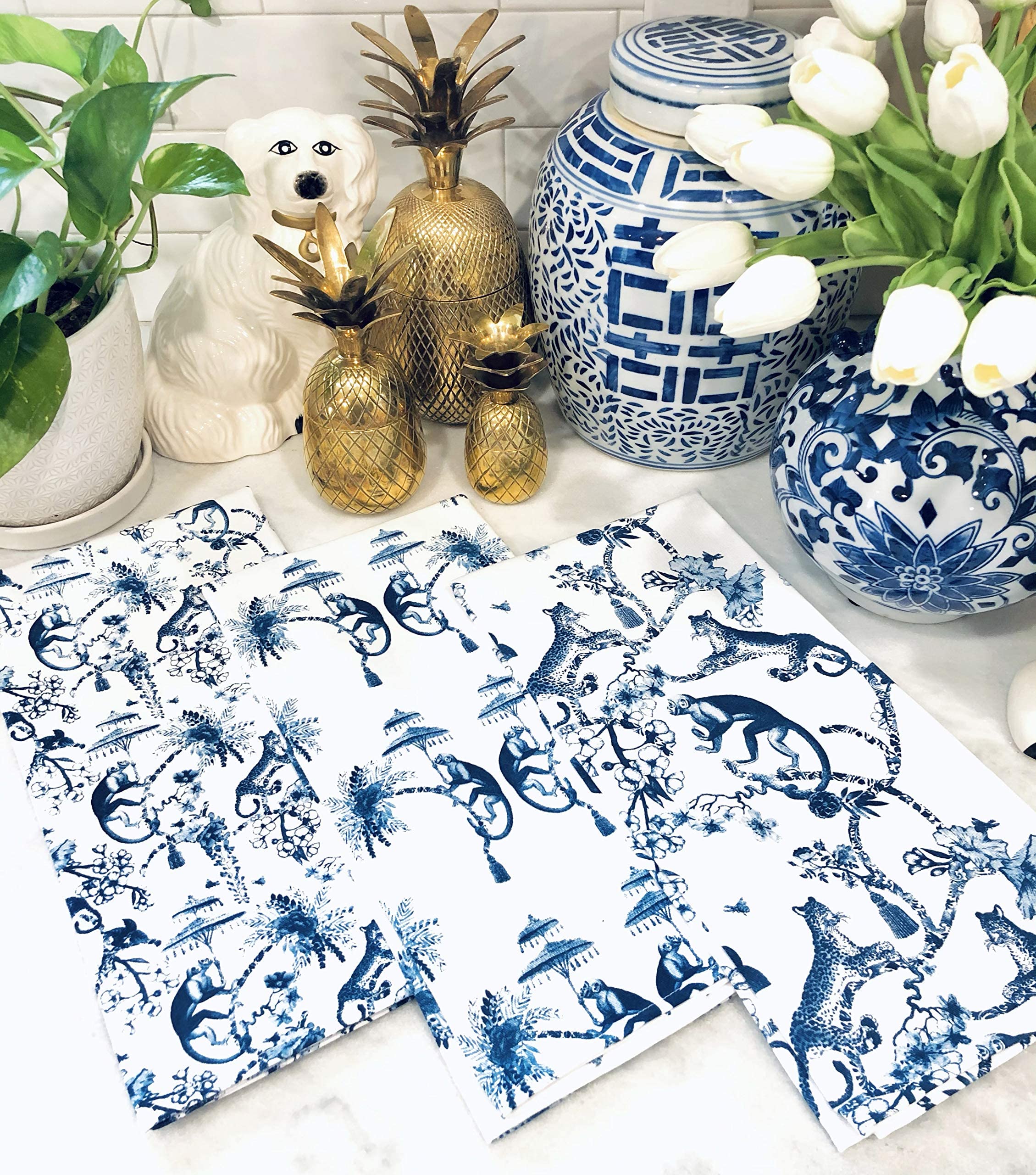 All Day Soirée Chinoiserie Designer Kitchen Tea Towels 3 Pack 100% Absorbent Cotton Tiger Monkey Floral Hand Towel Large Dish Cloth Set Blue White