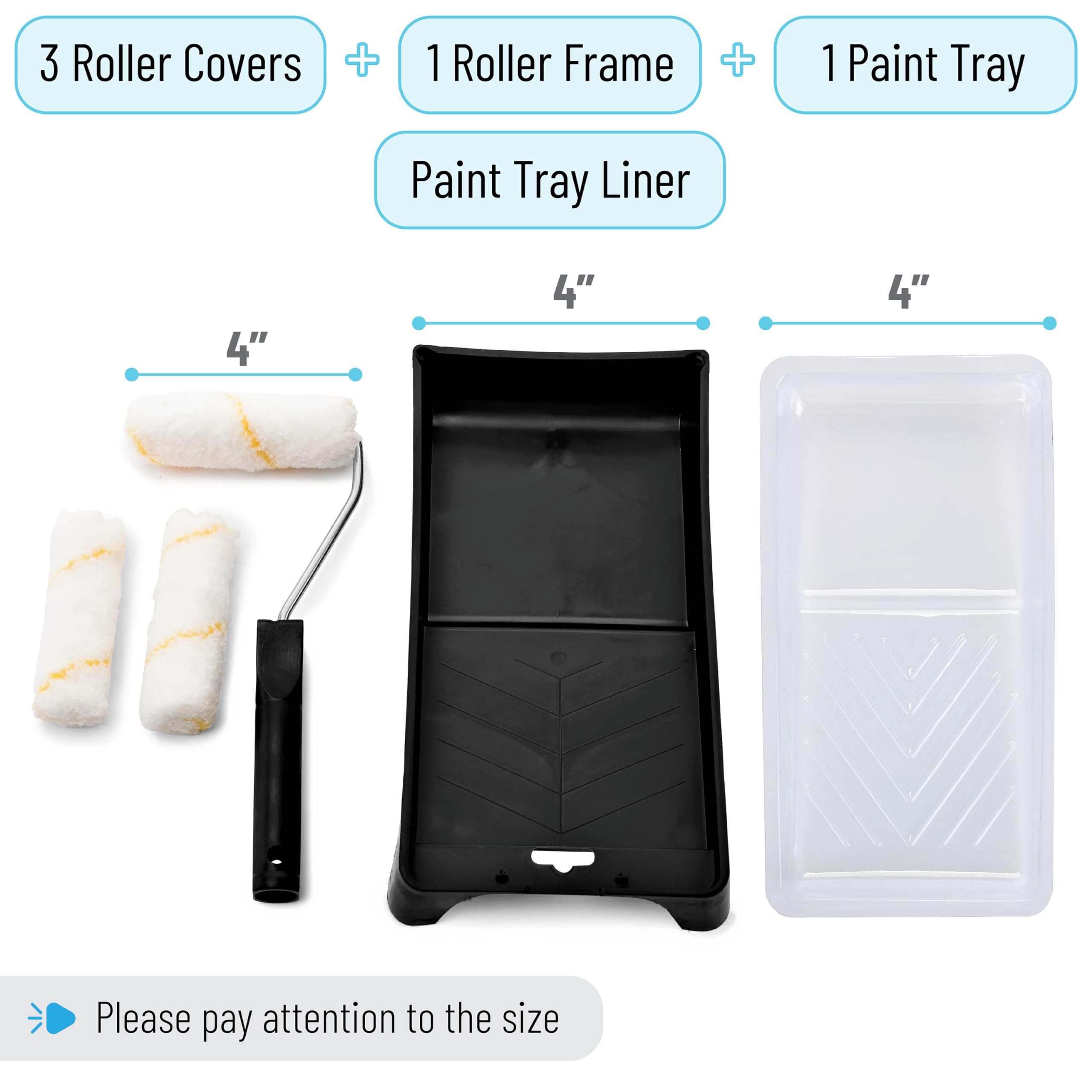 Bates- Paint Tray Set, 6 pcs, 4-Inch Paint Roller Kit, Small Paint Roller Paint Brush, Paint Roller Set, Paint Rollers 4 Inch, Paint Roller Tray, Paint Roller Brush, Small Roller Paint Brush