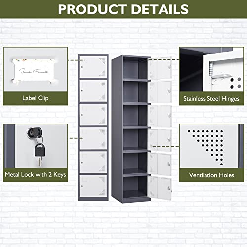 Metal Lockers for Employees - 71" Storage Locker Cabinet Large Employee Lockers with 6 Doors - 6 Tier Steel Lockers for Kids Bedroom, Gym, School, Office, Garage (6 Doors, White Grey)