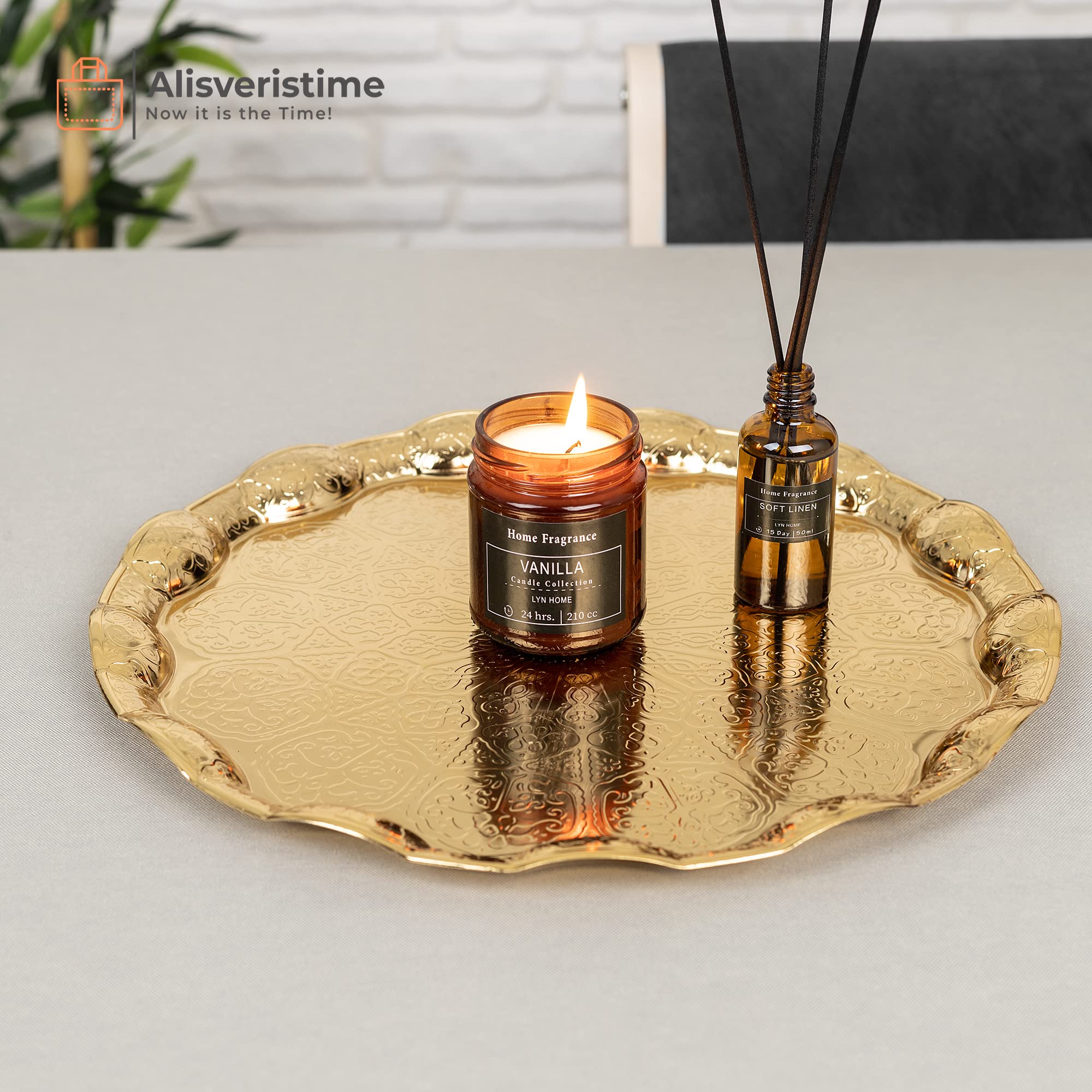 Alisveristime Turkish Ottoman Coffee Tea Serving Tray β 13.60 inches, Metal with Traditional Motifs, Available in Five Colors (Gold)