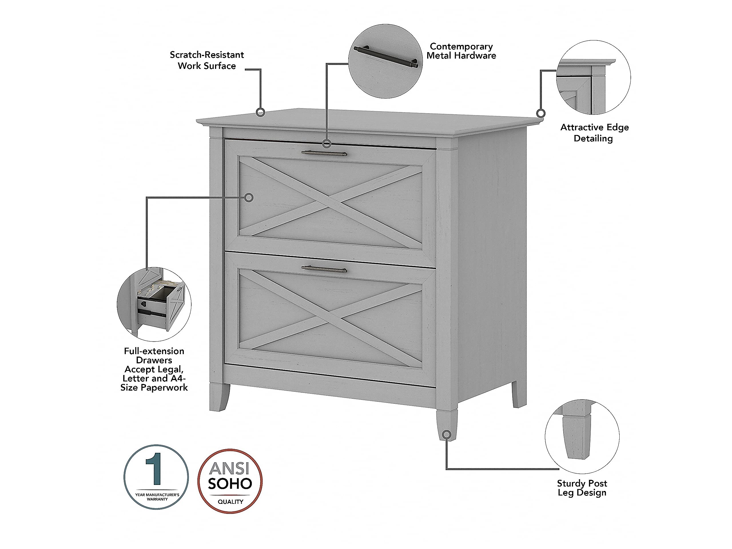 Bush Furniture Key West 48W Writing Desk with 2 Drawer Lateral File Cabinet and 5 Shelf Bookcase in Cape Cod Gray