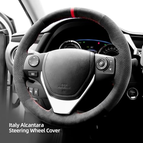 Alfanxi Hand Stitch Sewing Italy Alcantara Car Steering Wheel Cover Wrap for Toyota RAV4/COROLLA/AURIS/ISIS (Red Thread)