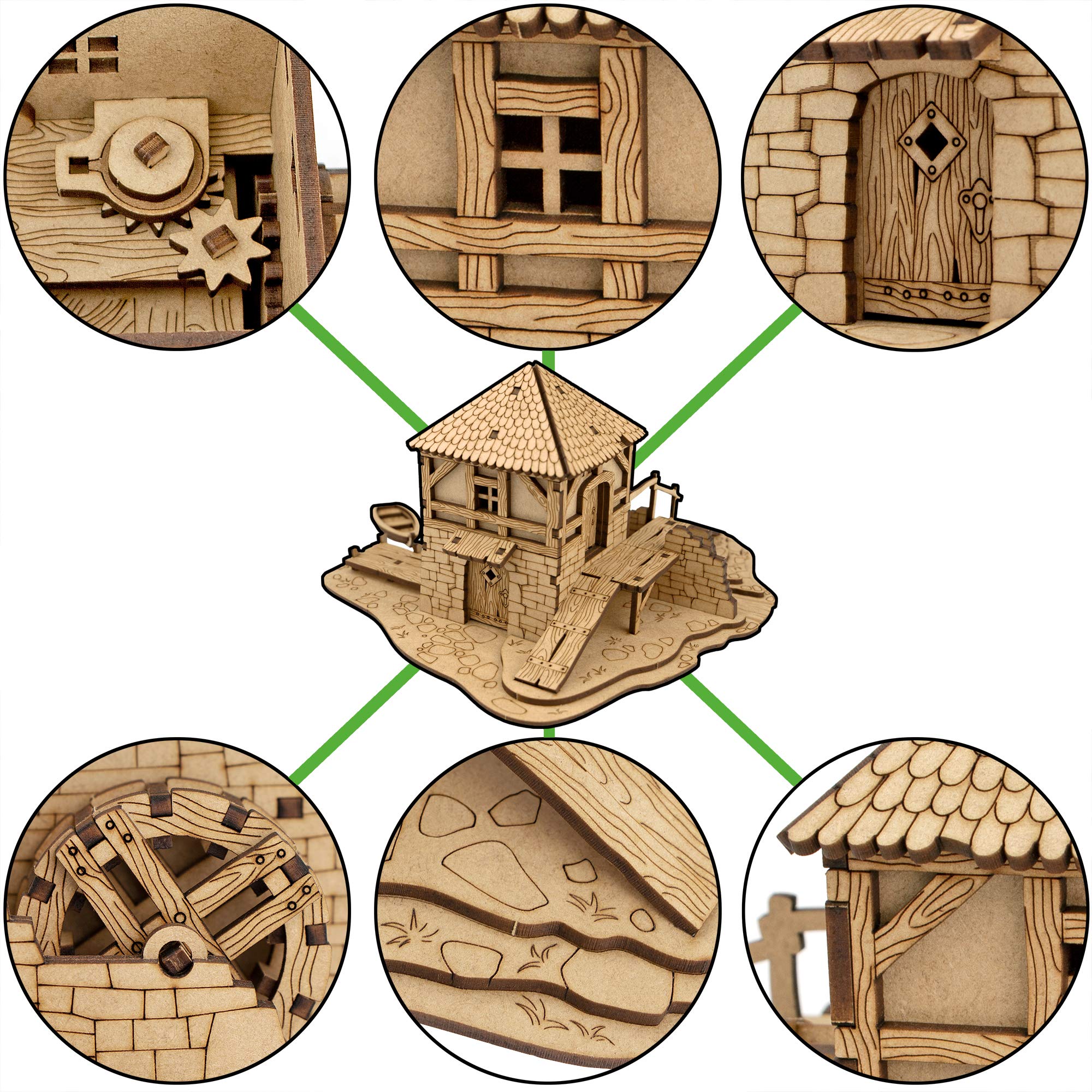 TowerRex Wooden Laser Cut Watermill DND Terrain Buildings - DND Accessories for Dungeons & Dragons, Pathfinder, Warhammer, Tabletop Battle map, Wargaming Terrain, RPG Scenery for 32mm, 28mm miniatures