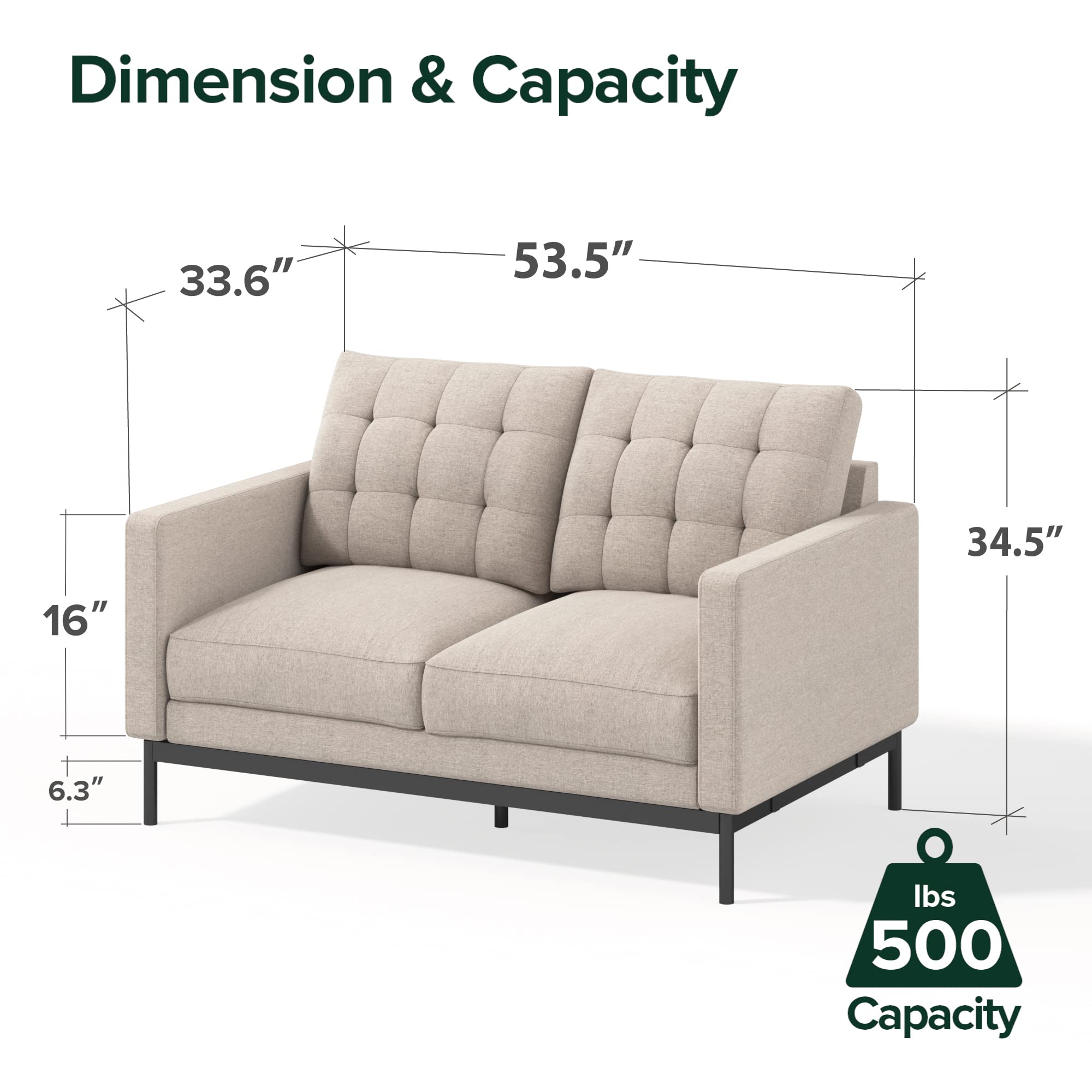 ZINUS Thompson Loveseat, Tufted Cushions, Green Tea Infused Foam Cushions, Easy Assembly, Light Grey