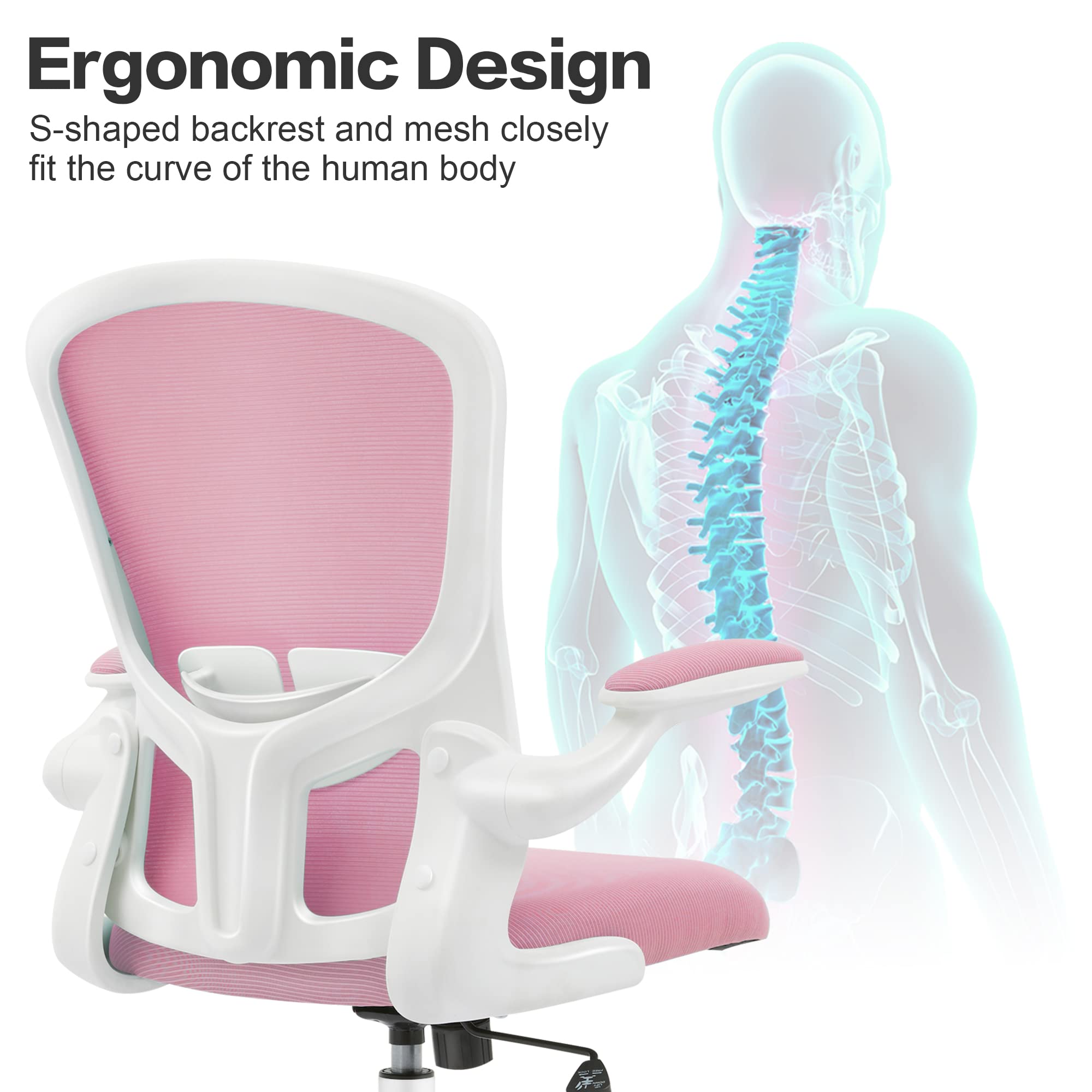 FelixKing Office Desk Chairs, Ergonomic PC Desk Chair with Wheels, Adjustable Lumbar Support and Height, Swivel Computer Chair with Flip-up Armrests, Ergo Mesh Backrest for Working (Pink)