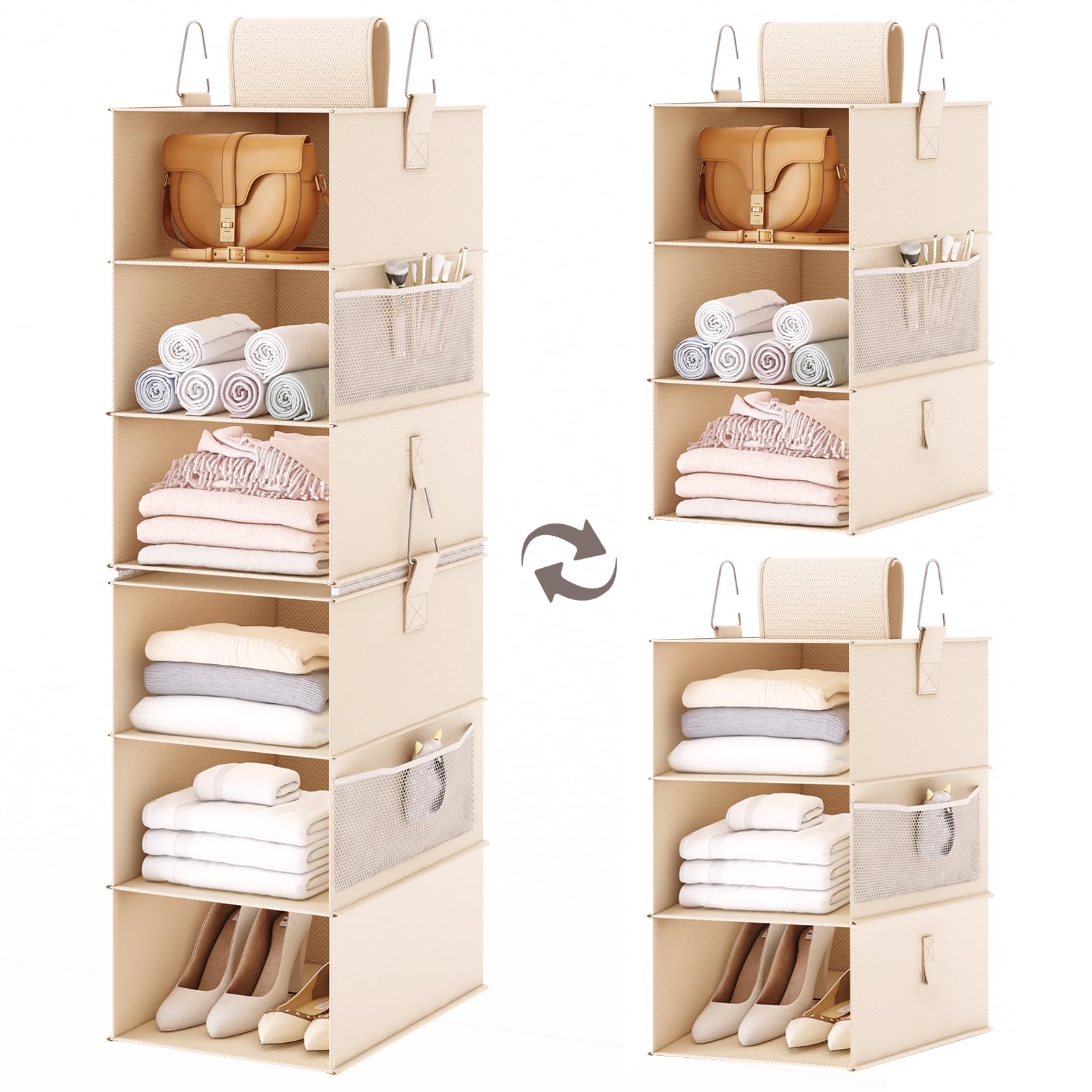 Fixwal 2 Pack 3-Shelf Hanging Closet Organizer 6-Shelf Separable Hanging Shelves Collapsible Hanging Storage Shelf for Bedroom College Dorm Pantry Camper RV, Creamy-White
